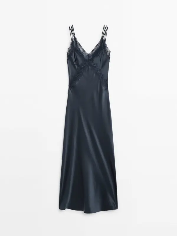 Massimo Dutti Long Lace Camisole Dress Studio - Navy Blue